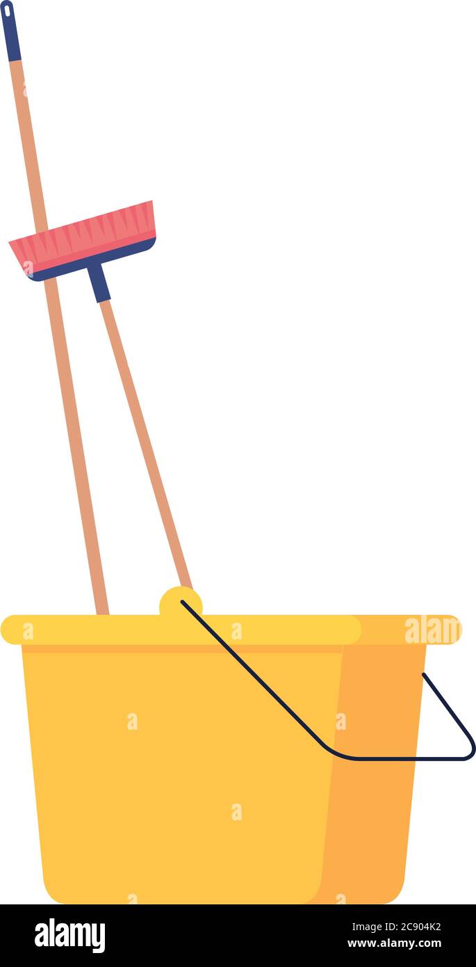 plastic bucket tool yellow color with broom, on white background Stock ...