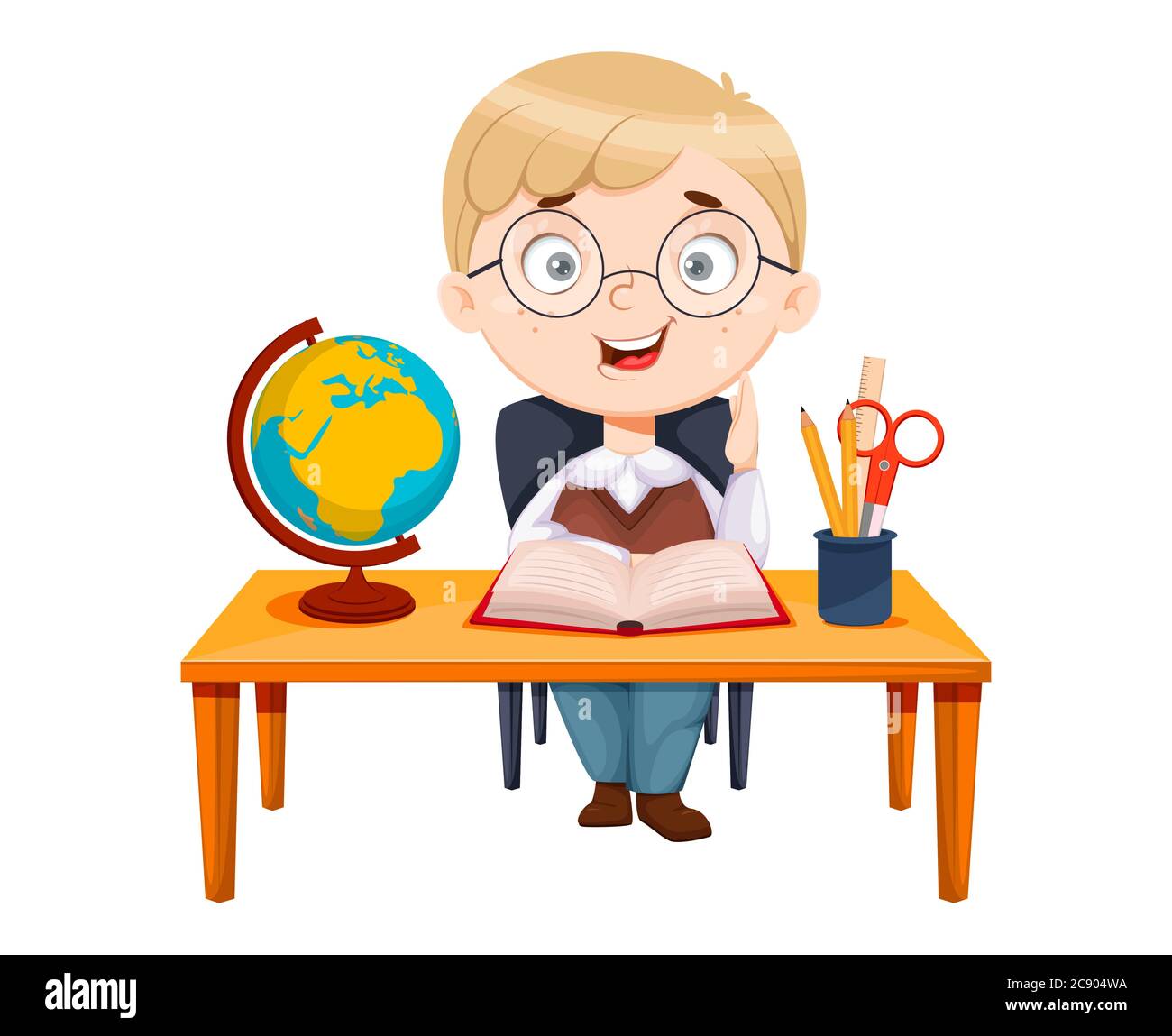 Back to school. Cute schoolgirl sitting at the desk while geography ...
