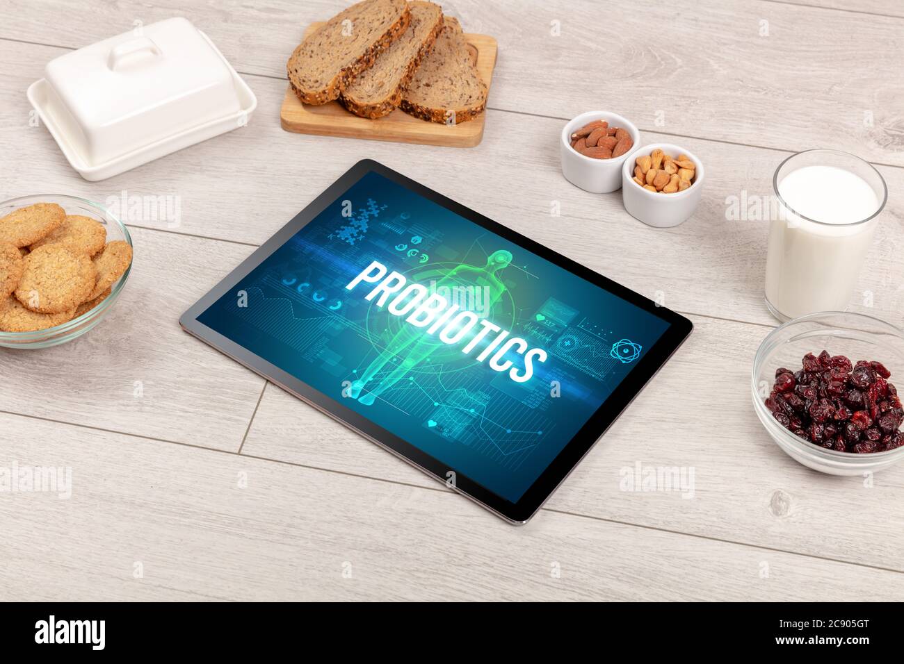 PROBIOTICS concept in tablet with fruits, top view Stock Photo - Alamy