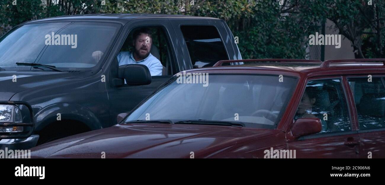 UNHINGED, from left: Russell Crowe, Gabriel Bateman (in back seat ...
