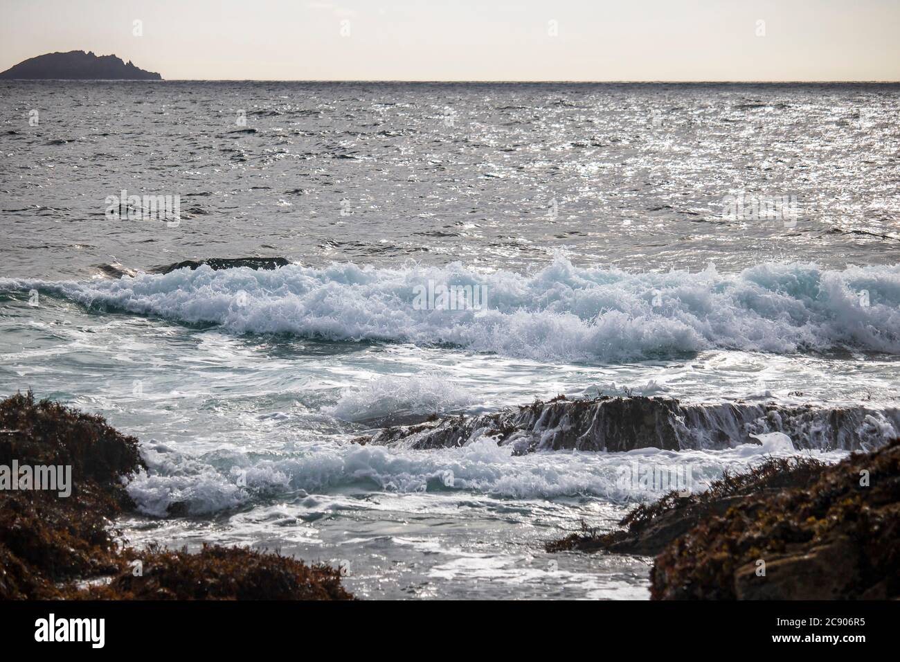 New Polzeath- Beautiful view with the waves on the Cornish Sea Stock ...