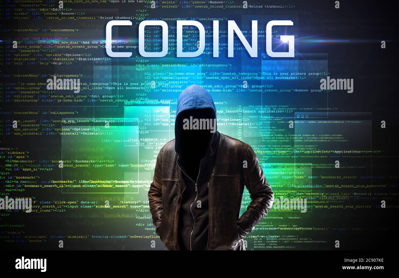 Faceless hacker with CODING inscription on a binary code background ...