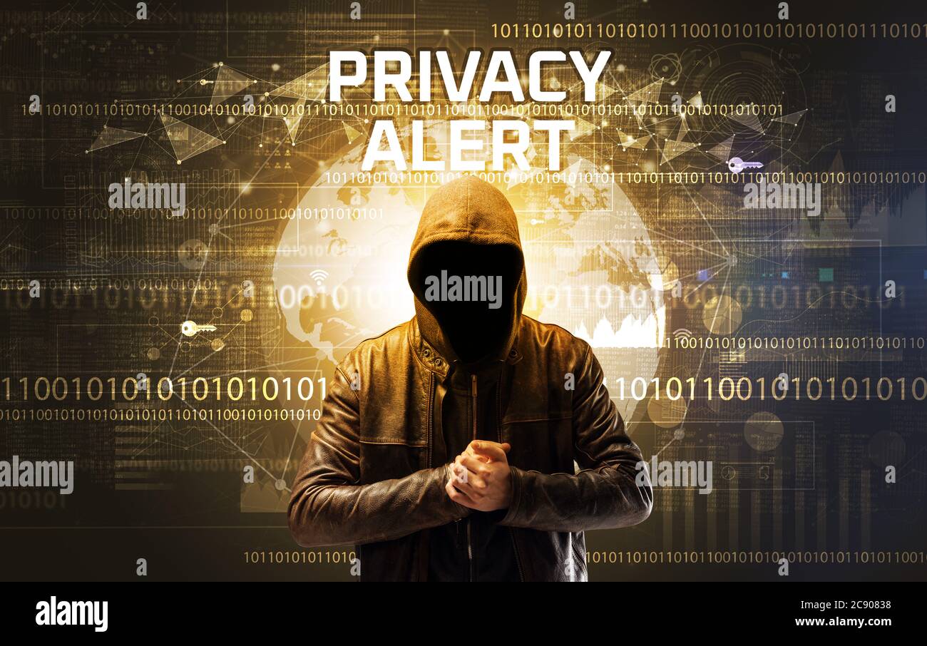 Faceless hacker at work with PRIVACY ALERT inscription, Computer ...