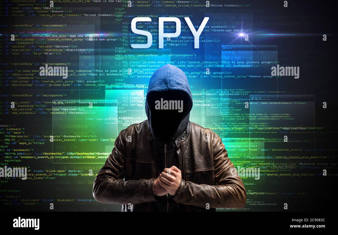 Faceless hacker with SPY inscription on a binary code background Stock ...