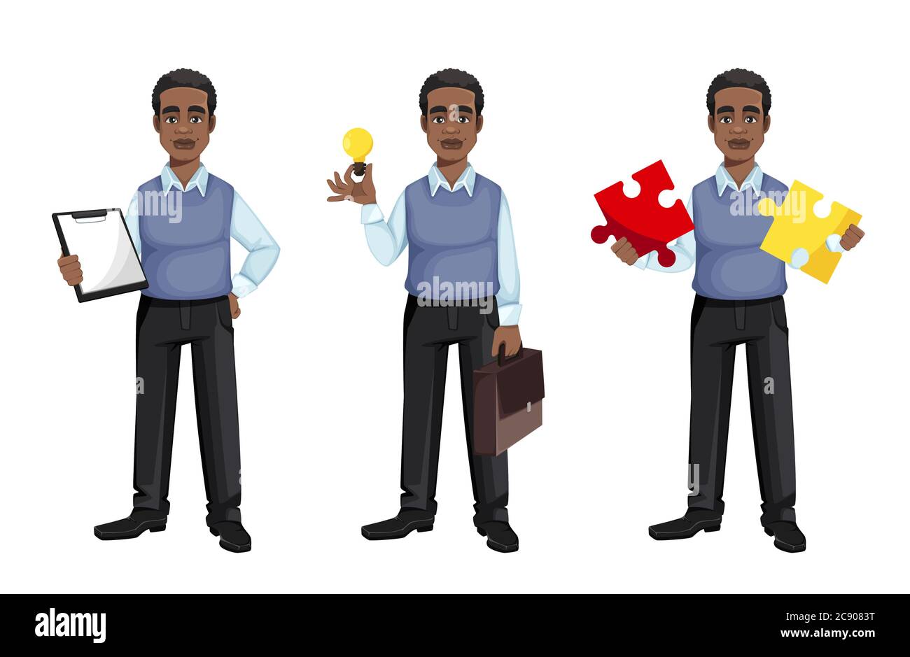 African American business man, set of three poses. Cheerful handsome ...