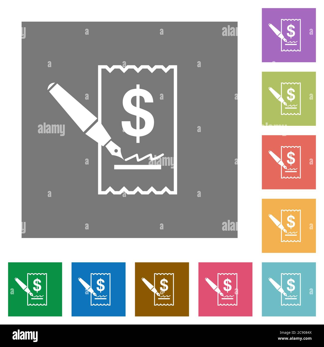Cheque signing flat icons on simple color square background Stock ...
