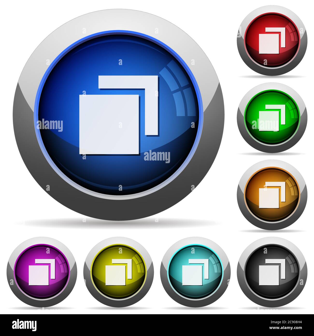 Overlapping elements icons in round glossy buttons with steel frames ...
