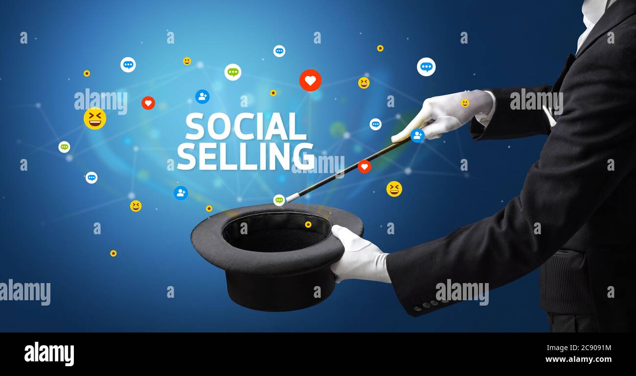 Magician is showing magic trick with SOCIAL SELLING inscription, social ...
