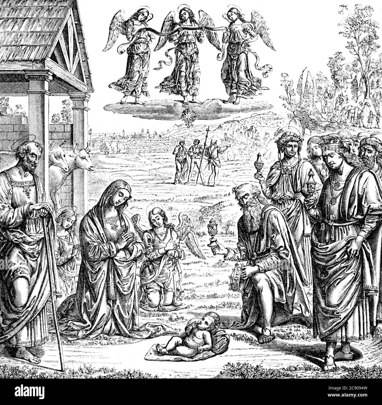 An engraved vintage New Testament Bible Christmas illustration of The ...