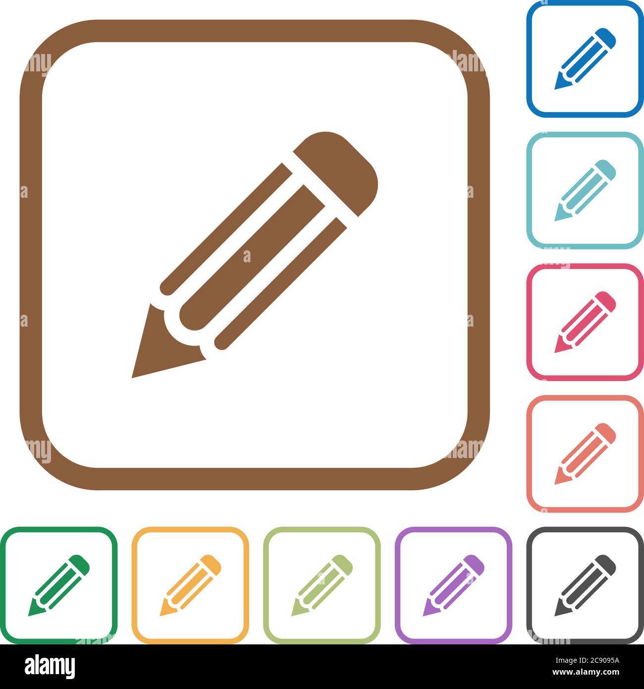 Pencil simple icons in color rounded square frames on white background ...