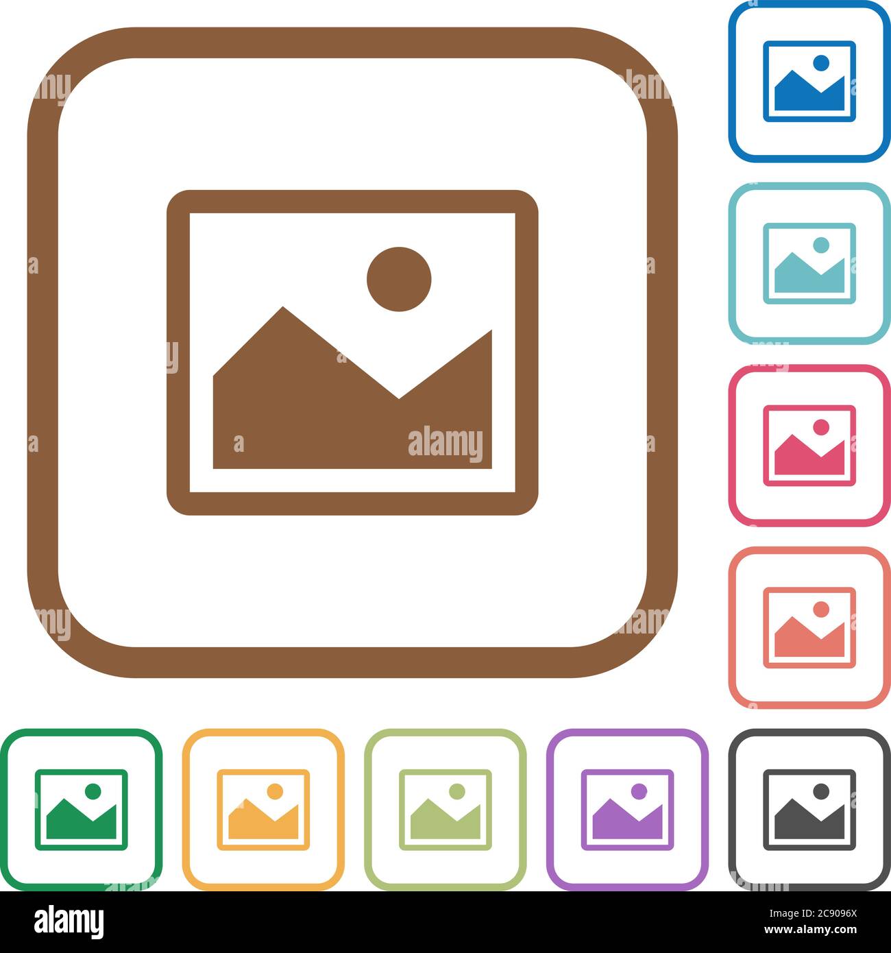 Picture simple icons in color rounded square frames on white background ...