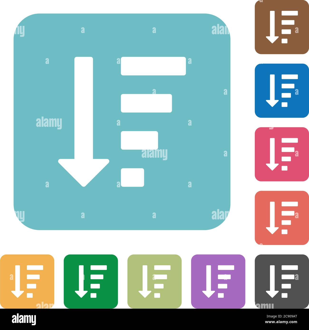 Descending ordered list mode white flat icons on color rounded square ...