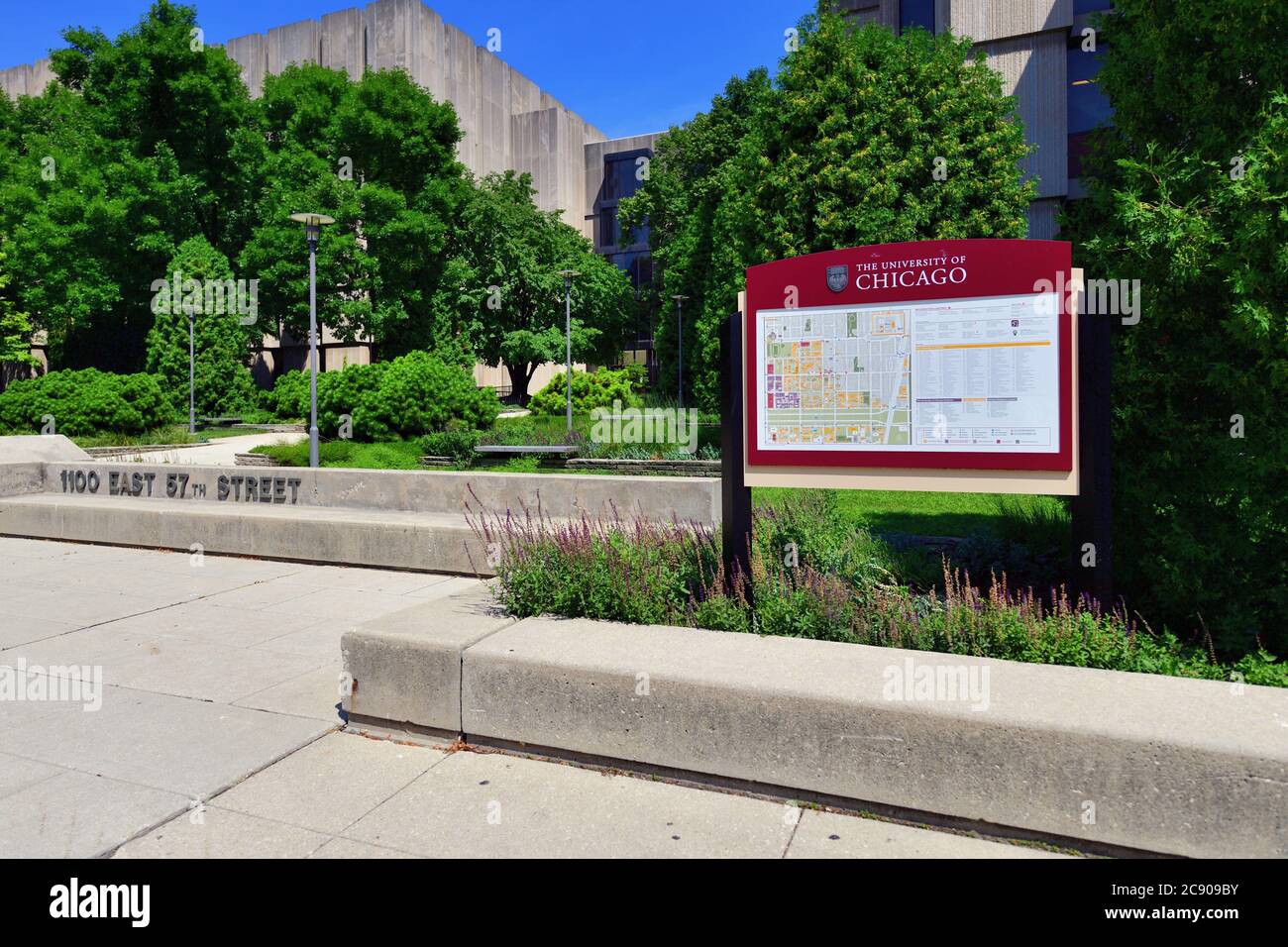 Chicago, Illinois, USA. Sign and map on the picturesque campus of the ...