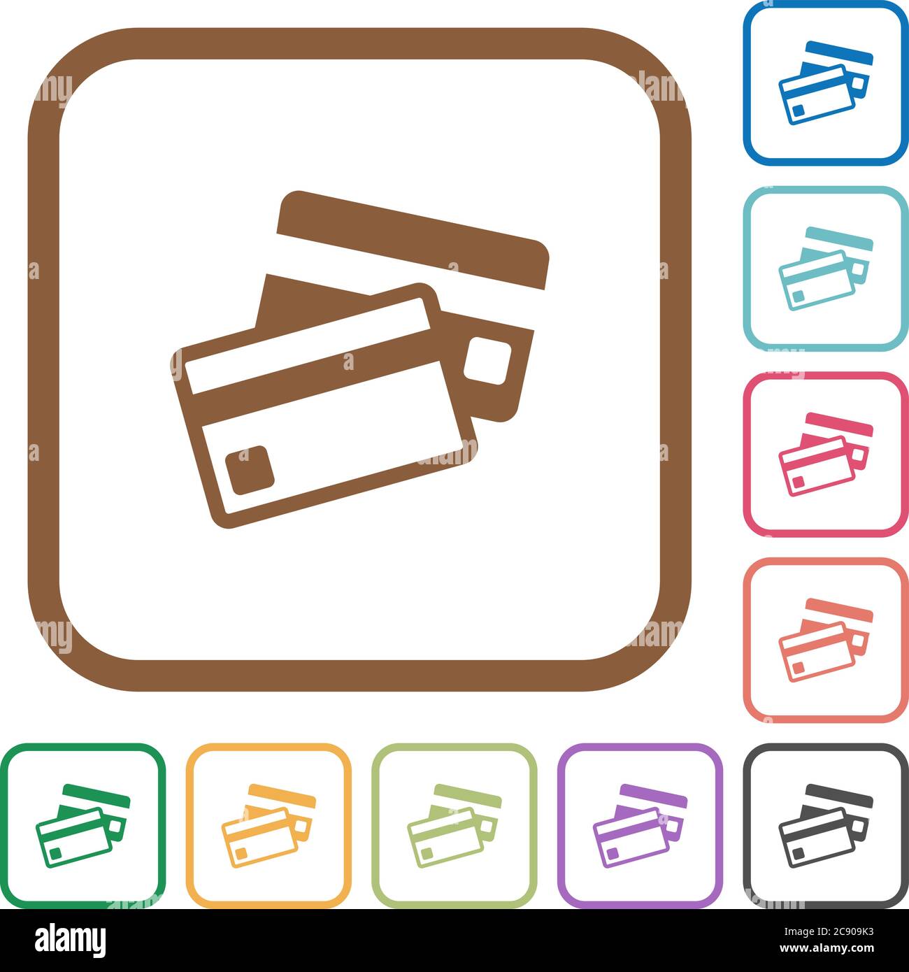 Credit cards simple icons in color rounded square frames on white ...