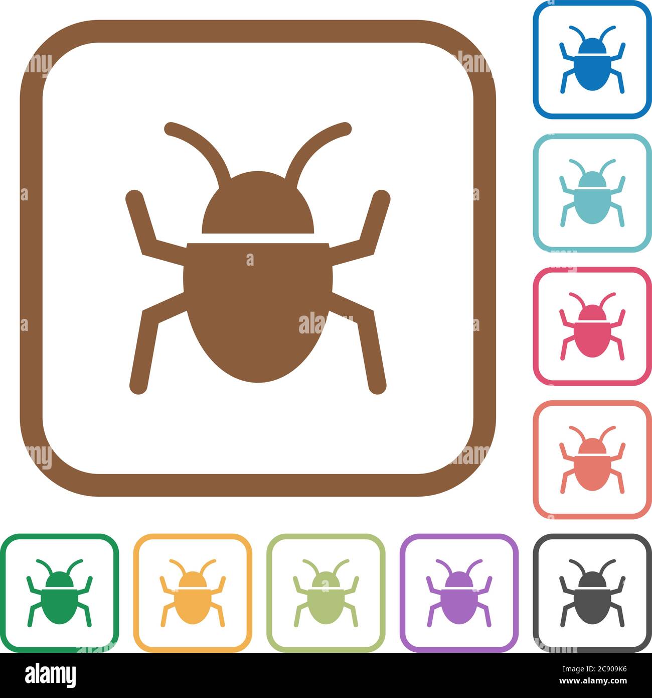 Bug simple icons in color rounded square frames on white background ...