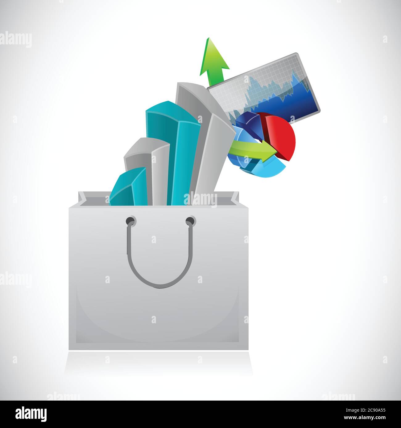 Business graphs inside a shopping bag. illustration design over a white ...