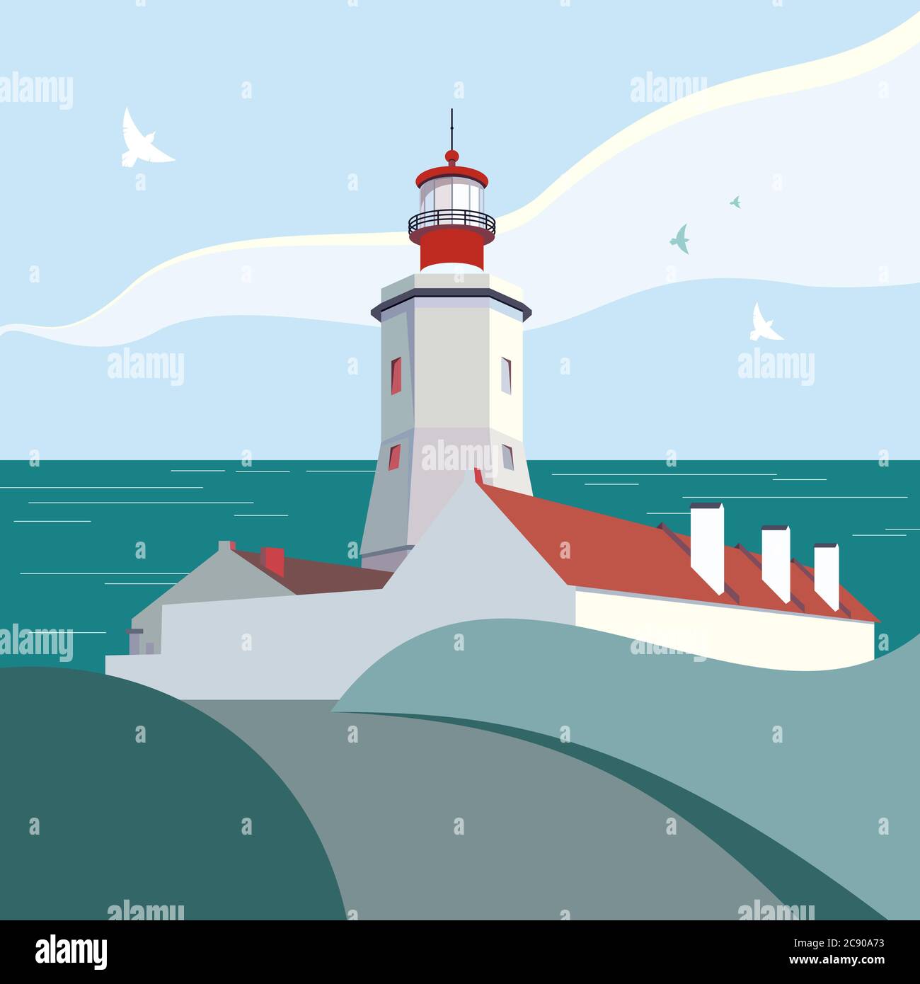 Lighthouse vector illustration. Nautical sea landscape white red ...