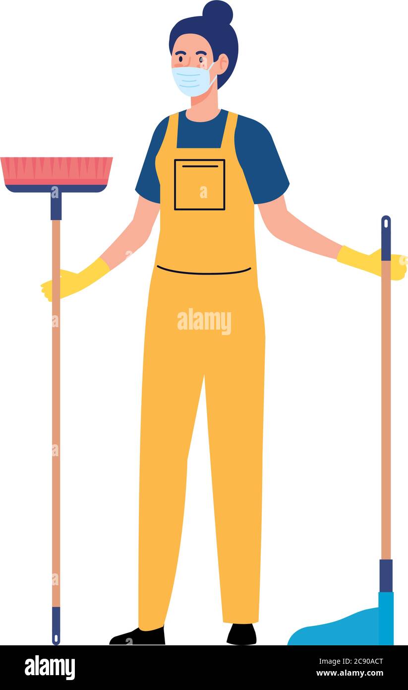 woman worker of cleaning service wearing medical mask, with broom and ...
