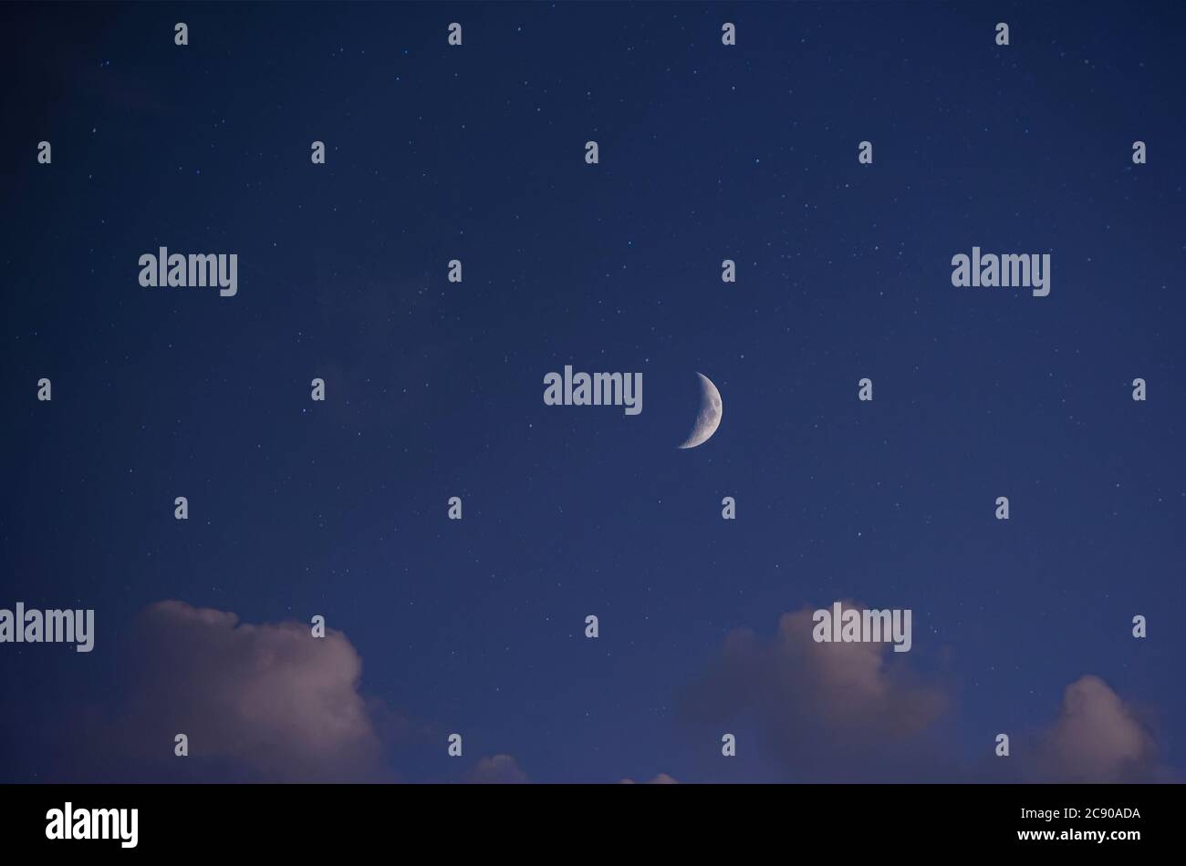 Night landscape, dark blue starry sky, view of the bright moon ...