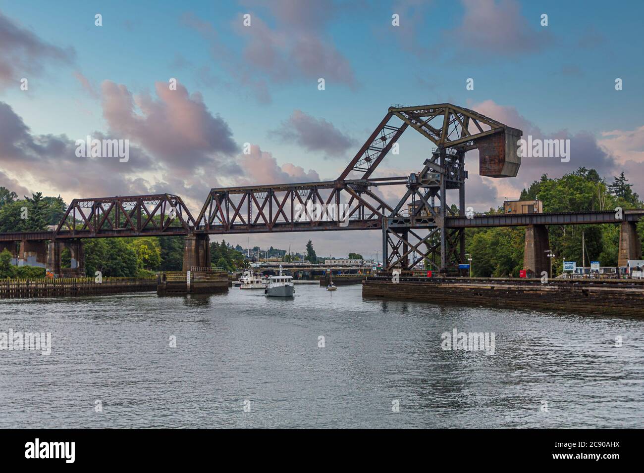 Railroad Drawbridge at Dusk Stock Photo - Alamy