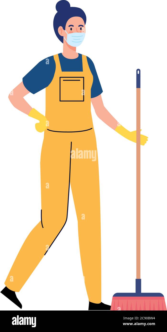 woman worker of cleaning service wearing medical mask, with broom, on ...
