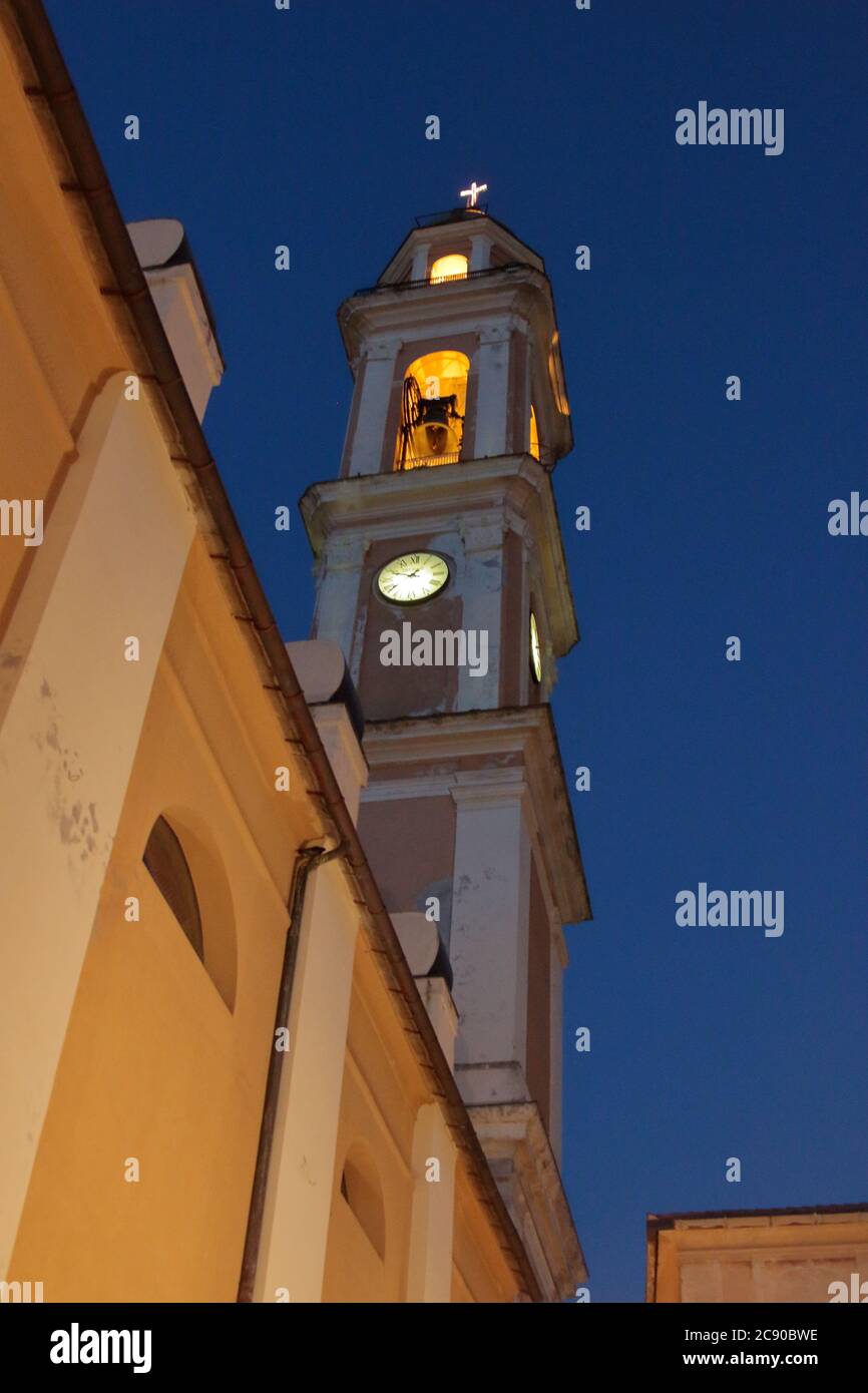 Five Lands, Italy - bell tower with clock at dusk Stock Photo - Alamy