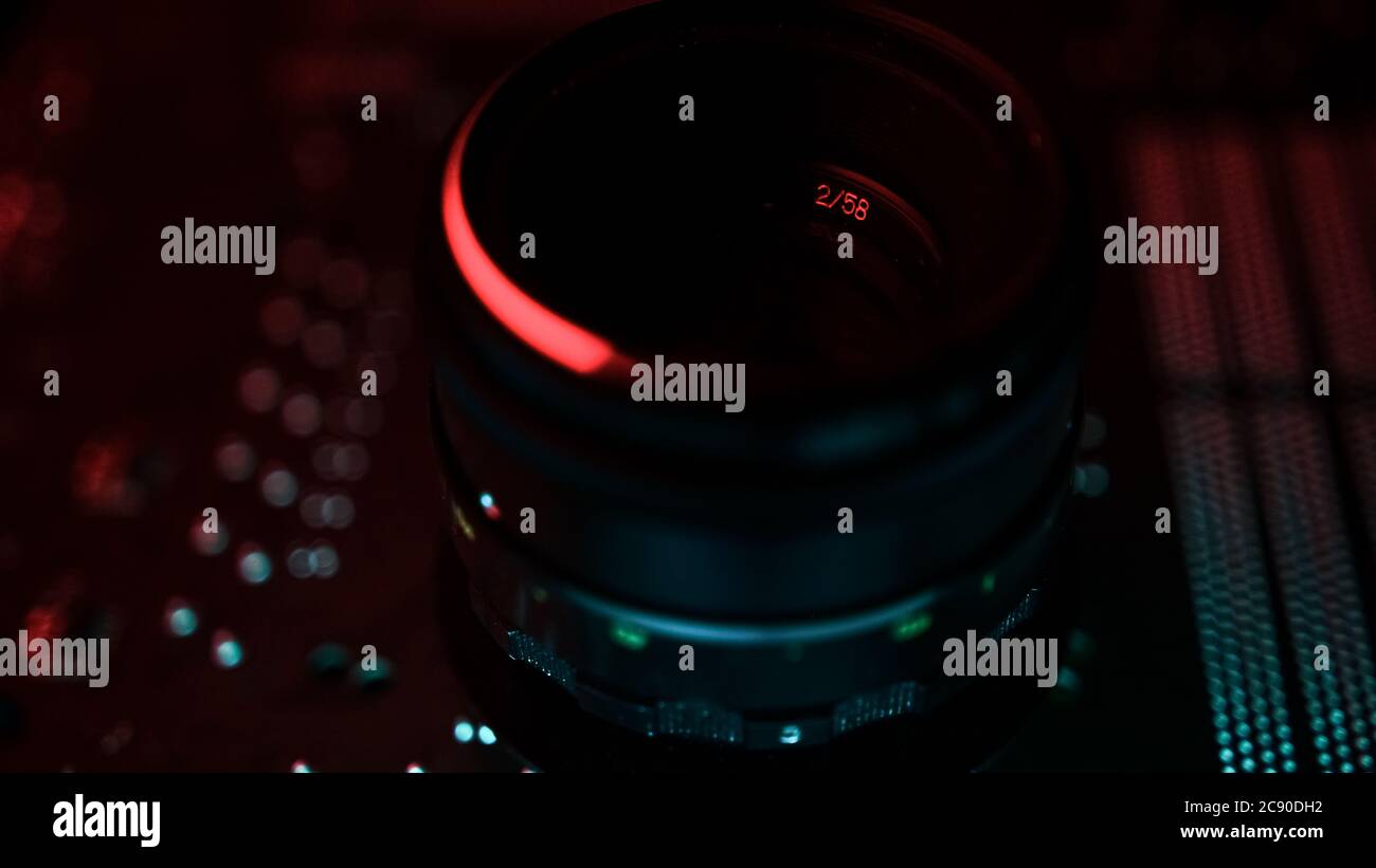 Awesome camera lens in red and cyan lights, Camera concept Stock Photo ...
