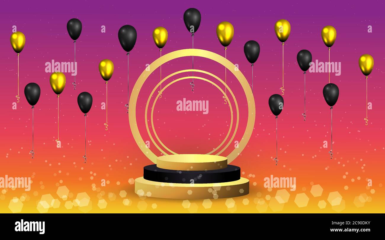 Metallic golden stage with air balloons, round platform and realistic ...