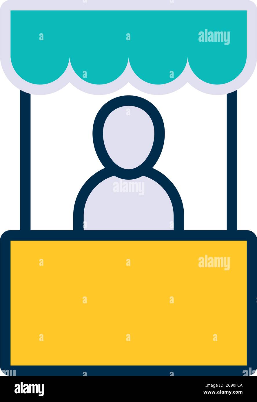 avatar seller on a booth stand over white background, line and fill ...