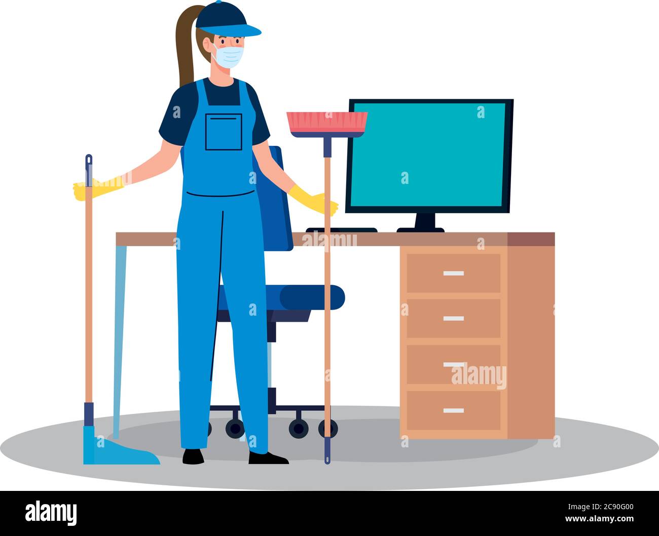 woman worker of cleaning service wearing medical mask, with broom and ...
