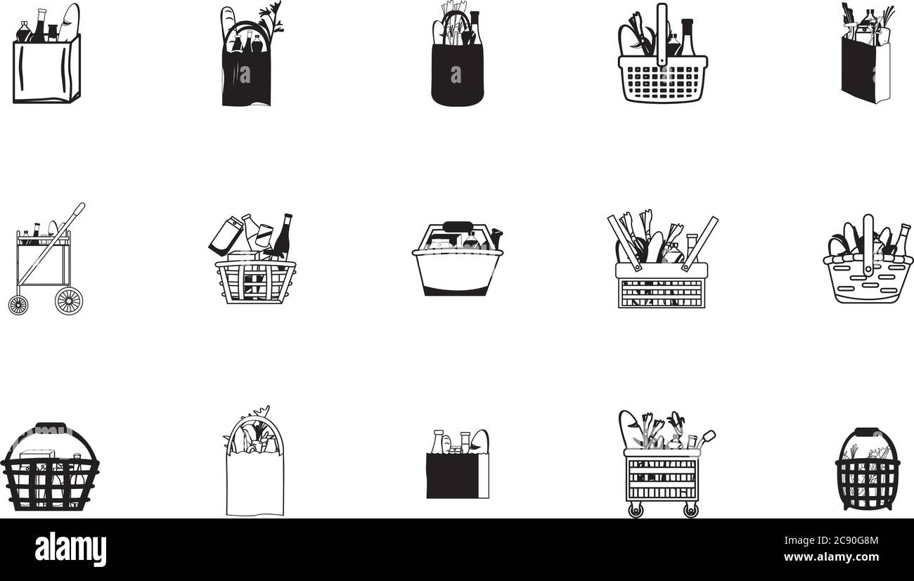 Set of grocery bags icons. Shopping carts and shopping baskets - Vector ...