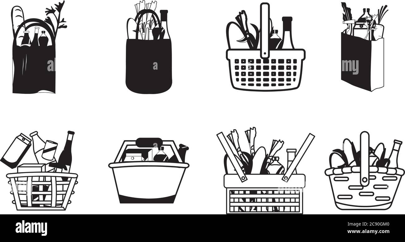 Set of grocery bags icons. Shopping carts and shopping baskets - Vector ...