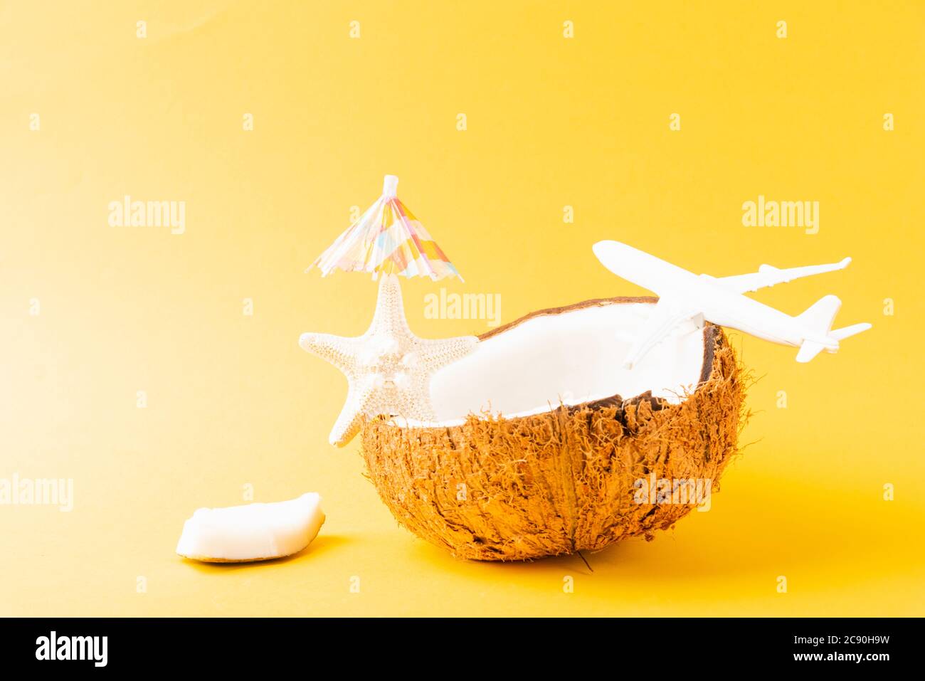 Happy coconuts day concept, fresh coconut, starfish, plane, airplane ...