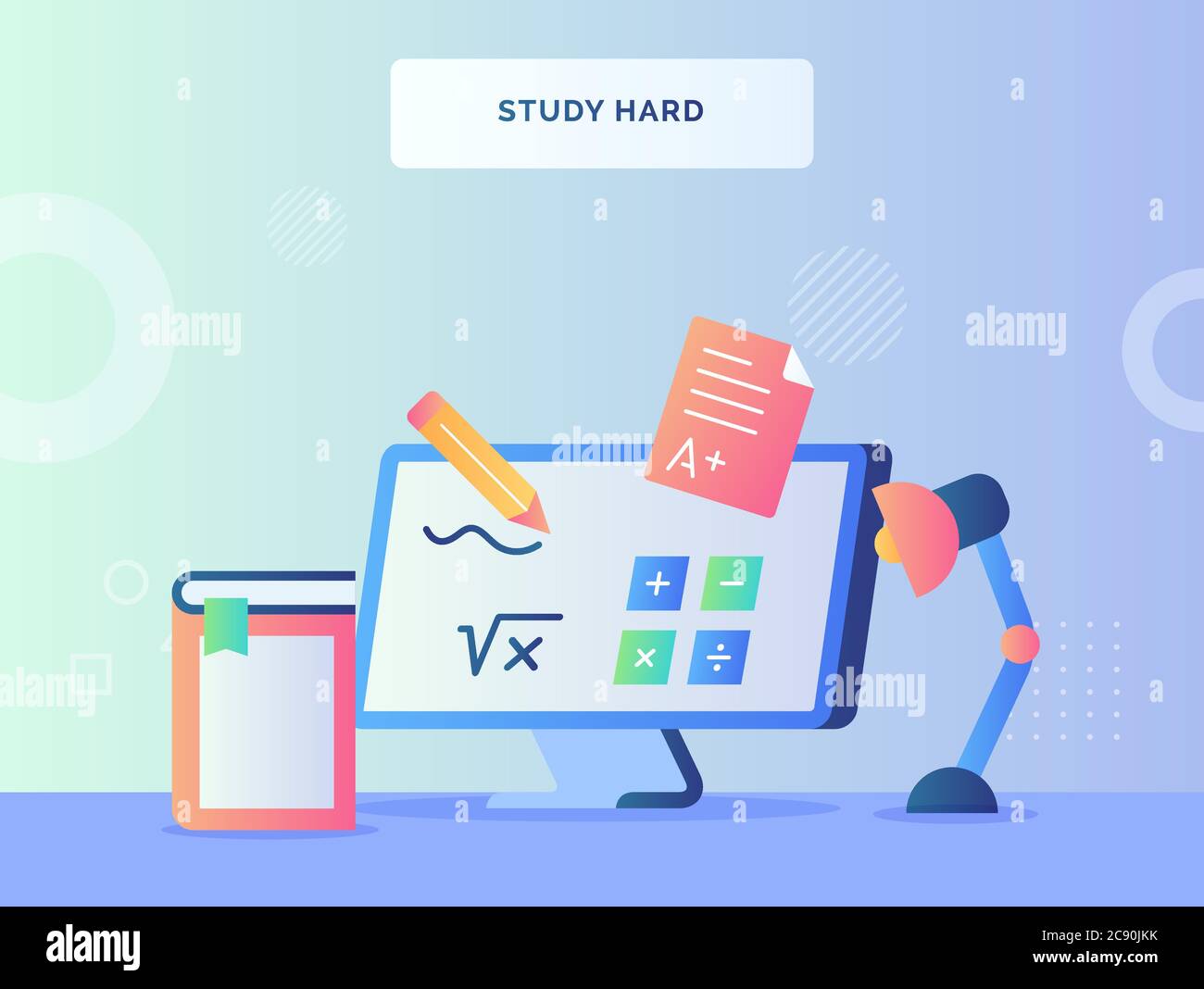 Study hard concept pencil writing on screen computer nearby book lamp ...