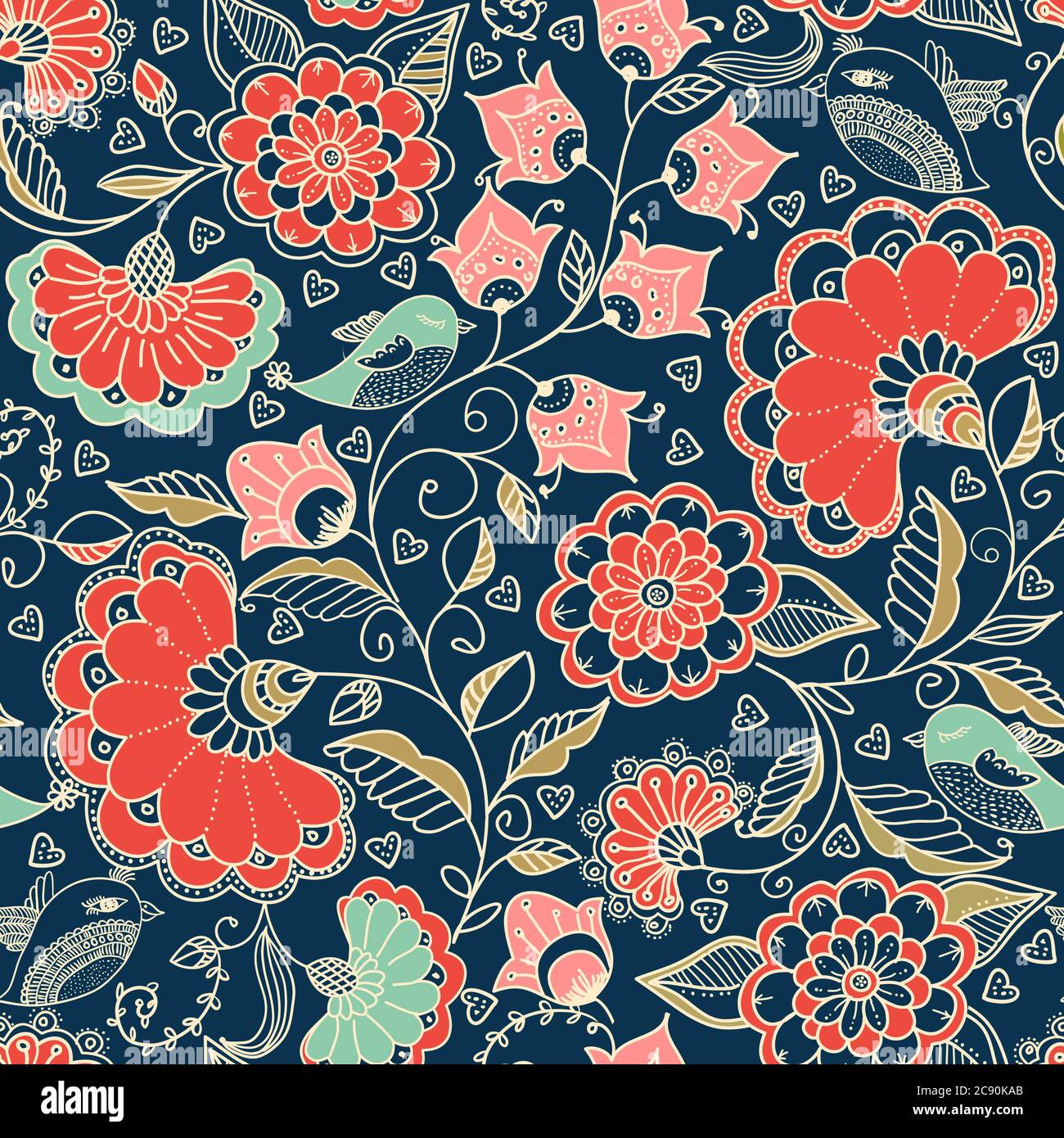 Seamless floral pattern in folk style with wildflowers, leaves. Hand ...