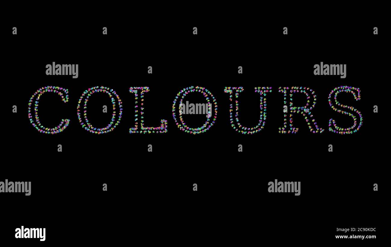 Colorful 3D writing of colours text with small objects over a dark ...