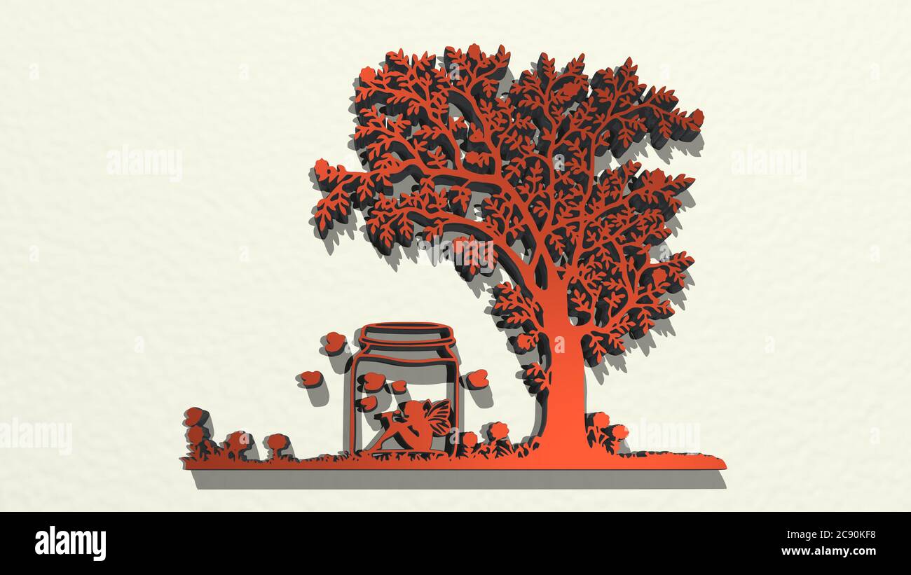 tree with fairy on the wall. 3D illustration of metallic sculpture over ...