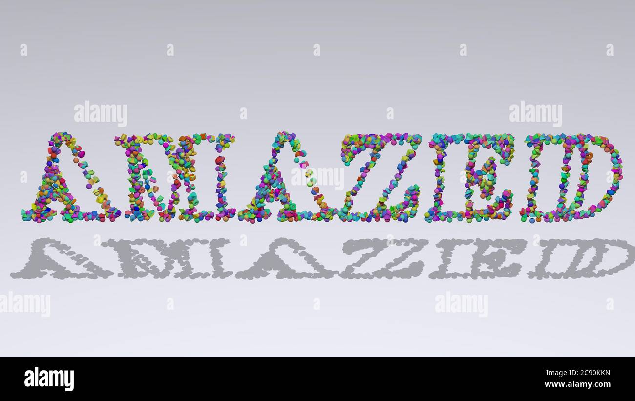 Colorful 3D writting of amazed text with small objects over a white ...