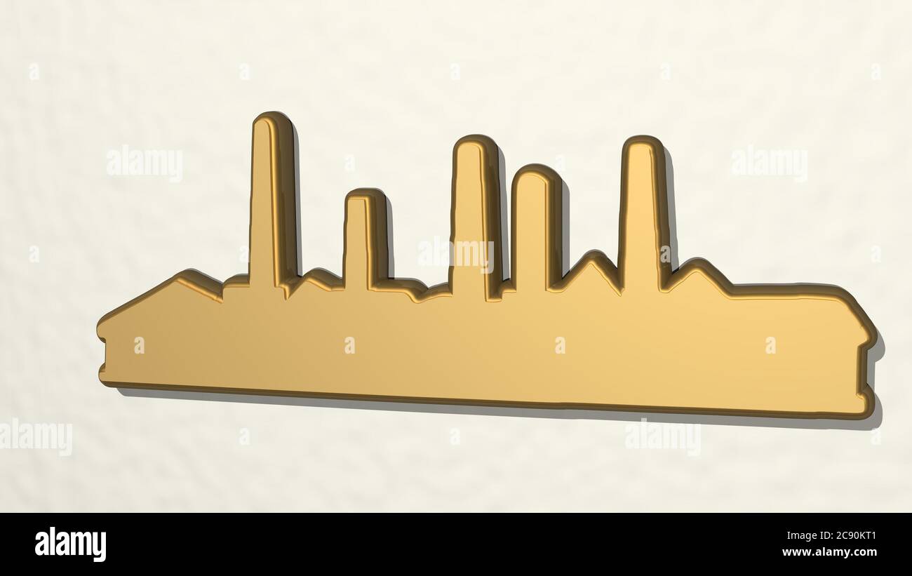 factory on the wall. 3D illustration of metallic sculpture over a white ...