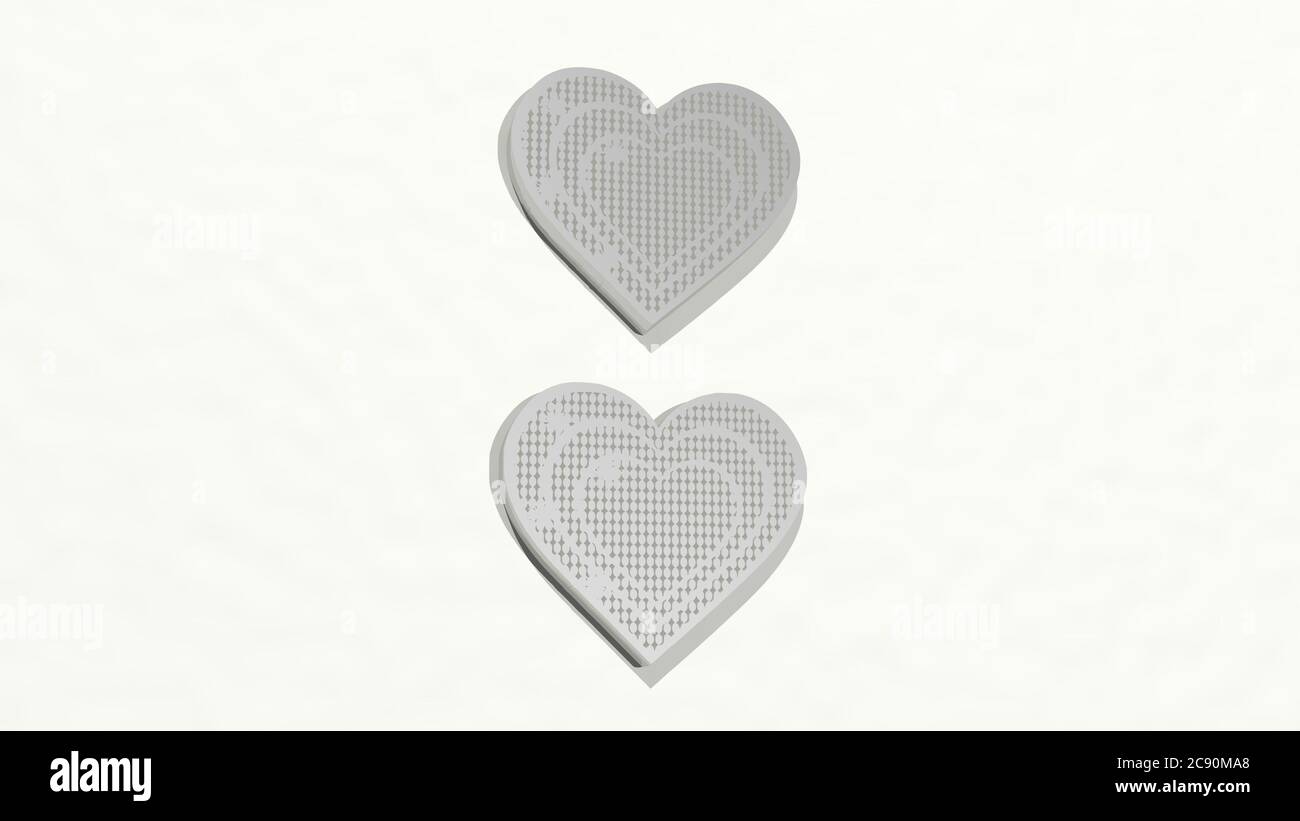 HEART on the wall. 3D illustration of metallic sculpture over a white ...