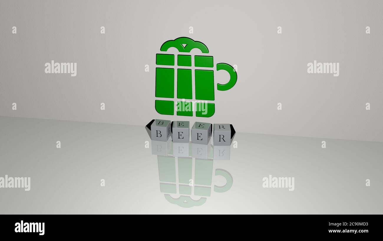 3D graphical image of BEER vertically along with text built by metallic ...