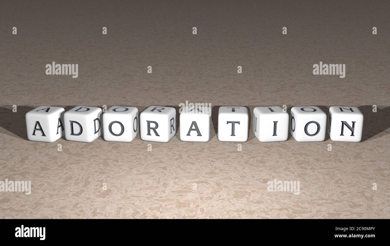 shiny ADORATION built by cubic letters from the top perspective ...