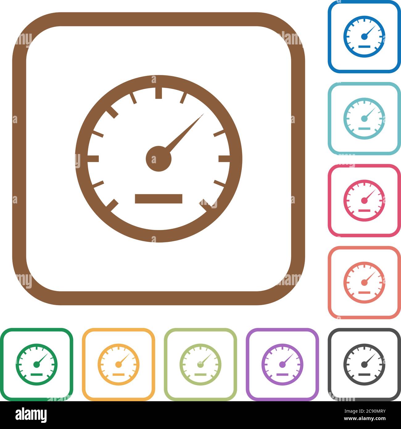 Speedometer simple icons in color rounded square frames on white ...