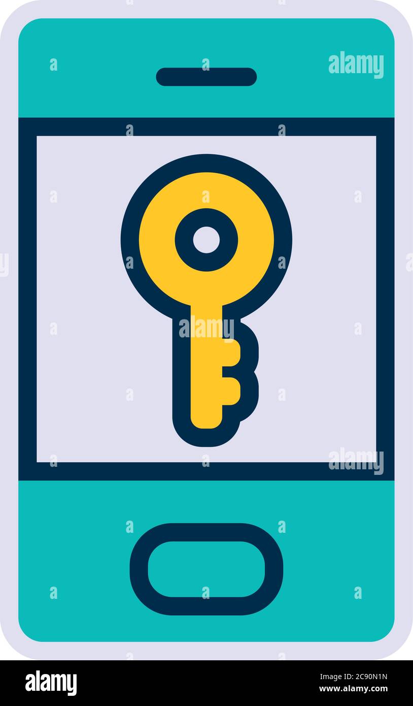 smartphone with key symbol icon over white background, line and fill ...