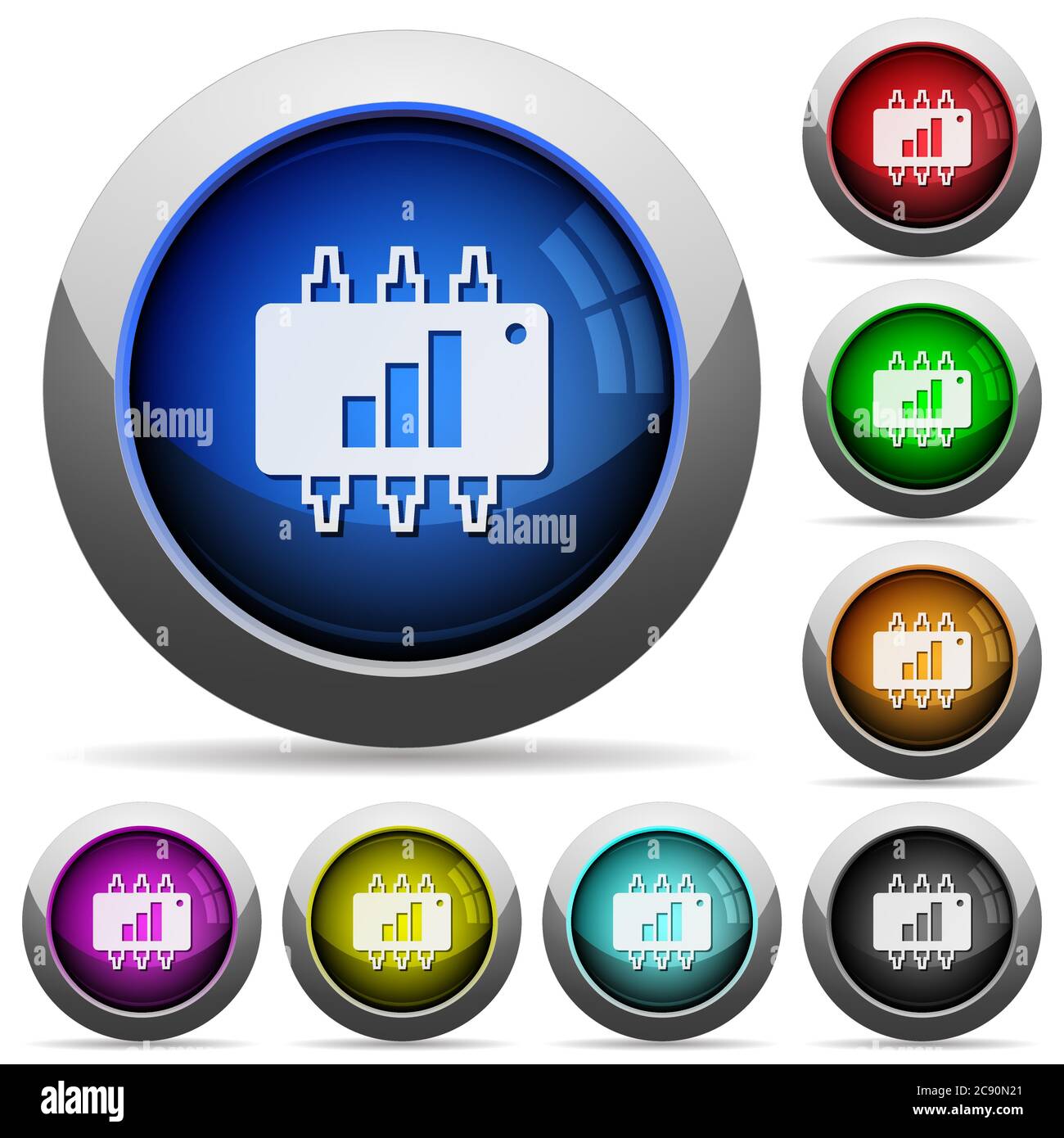 Hardware acceleration icons in round glossy buttons with steel frames ...