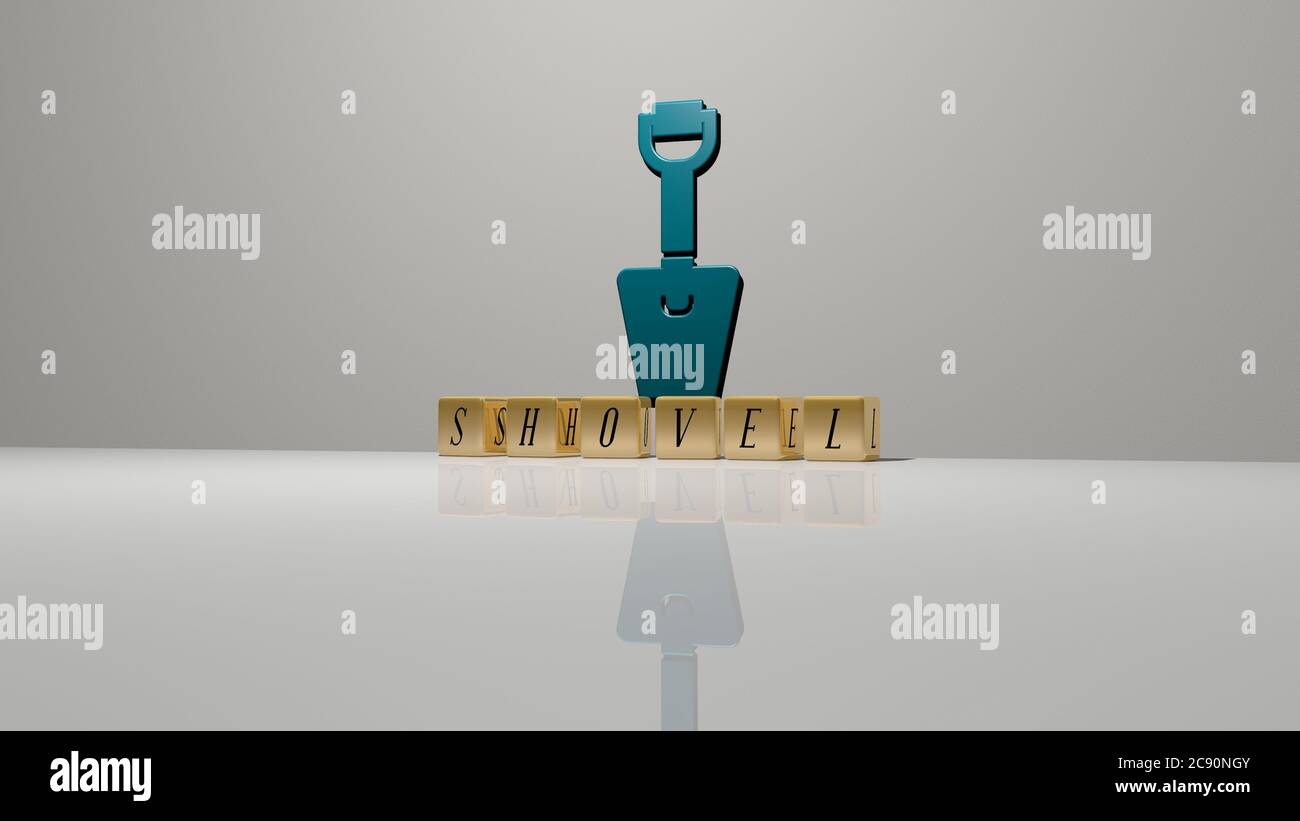 3D illustration of shovel graphics and text made by metallic dice ...