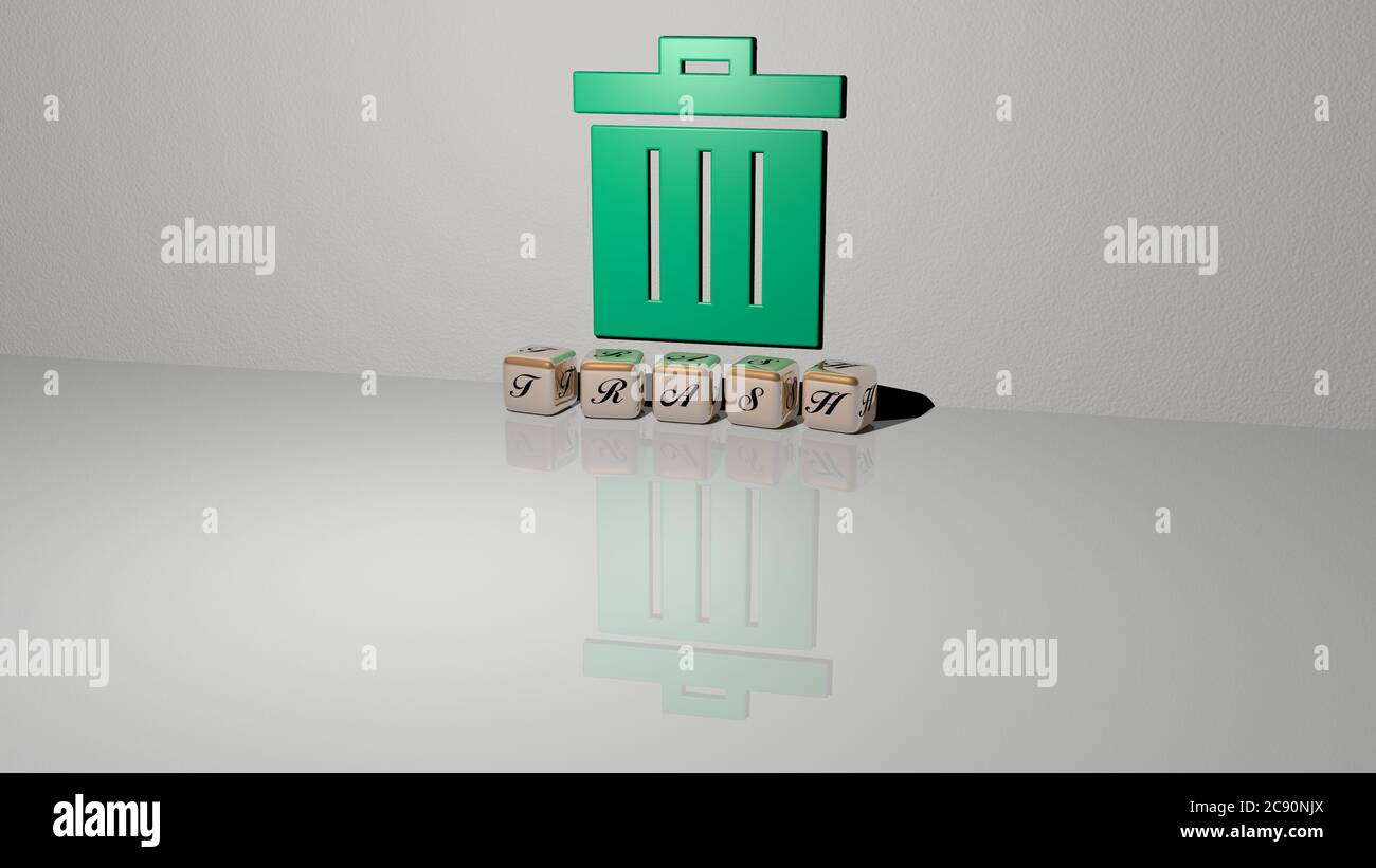3D illustration of trash graphics and text made by metallic dice ...