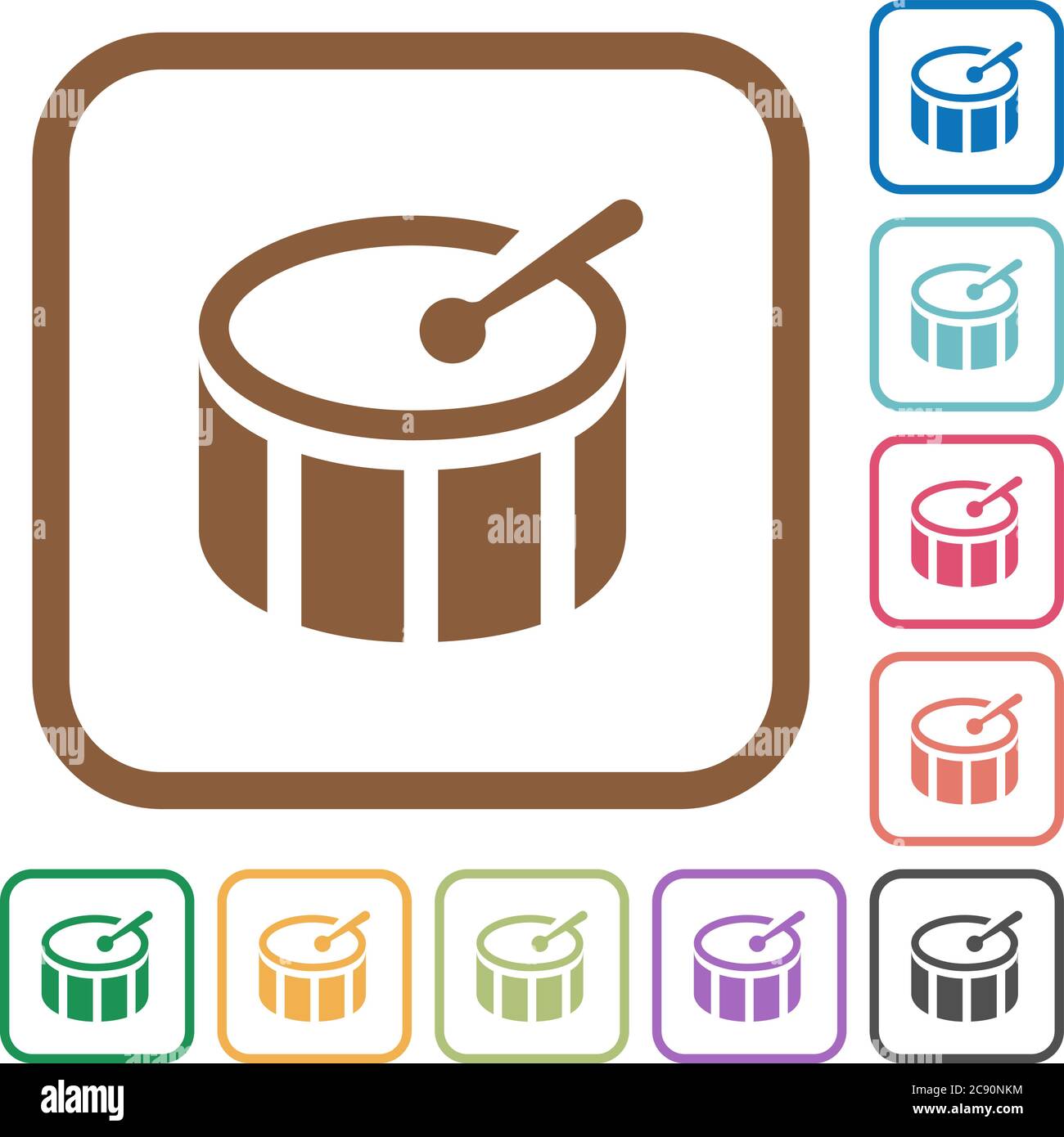 Drum simple icons in color rounded square frames on white background ...