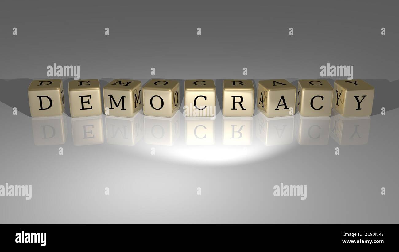 3D illustration of Democracy graphics and text made by metallic dice ...
