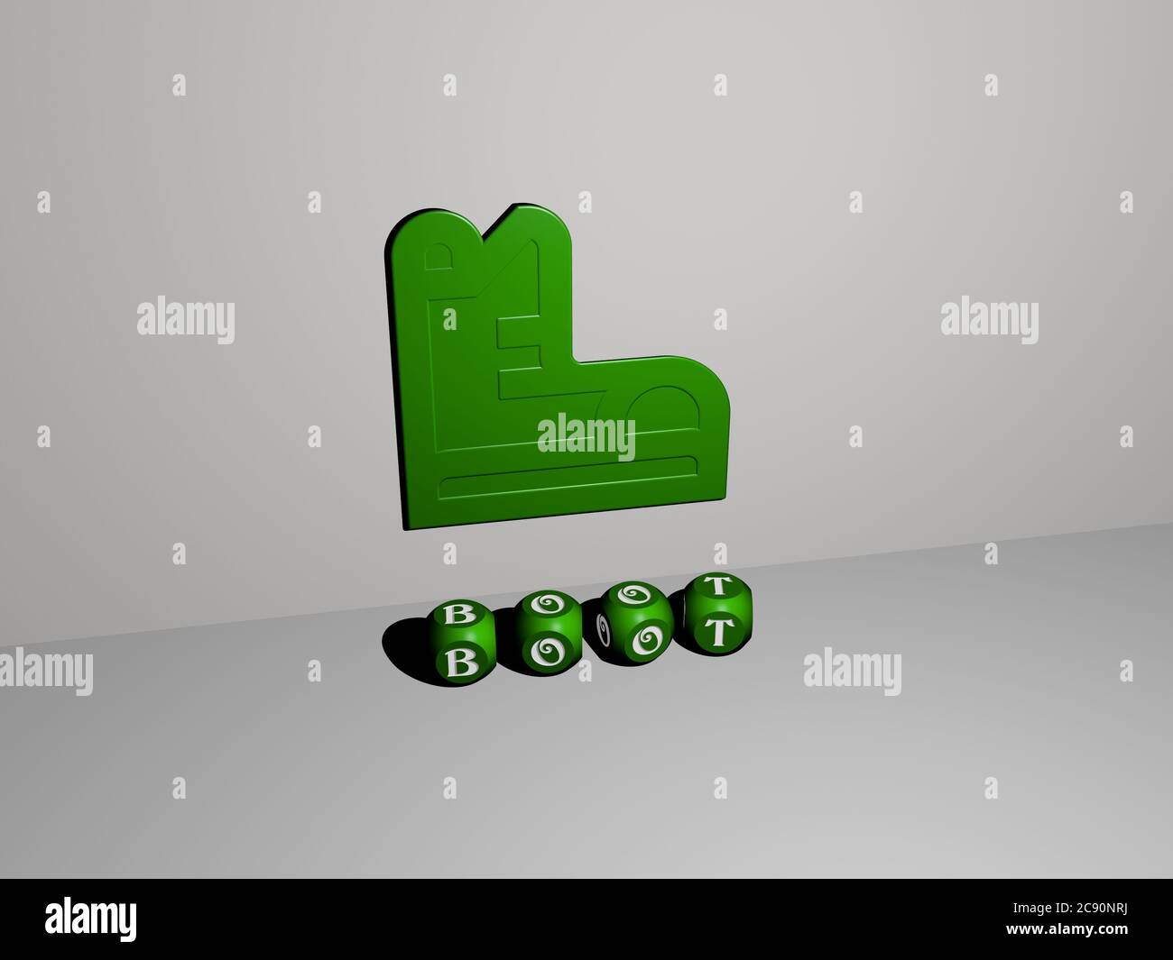 3D illustration of BOOT graphics and text made by metallic dice letters ...